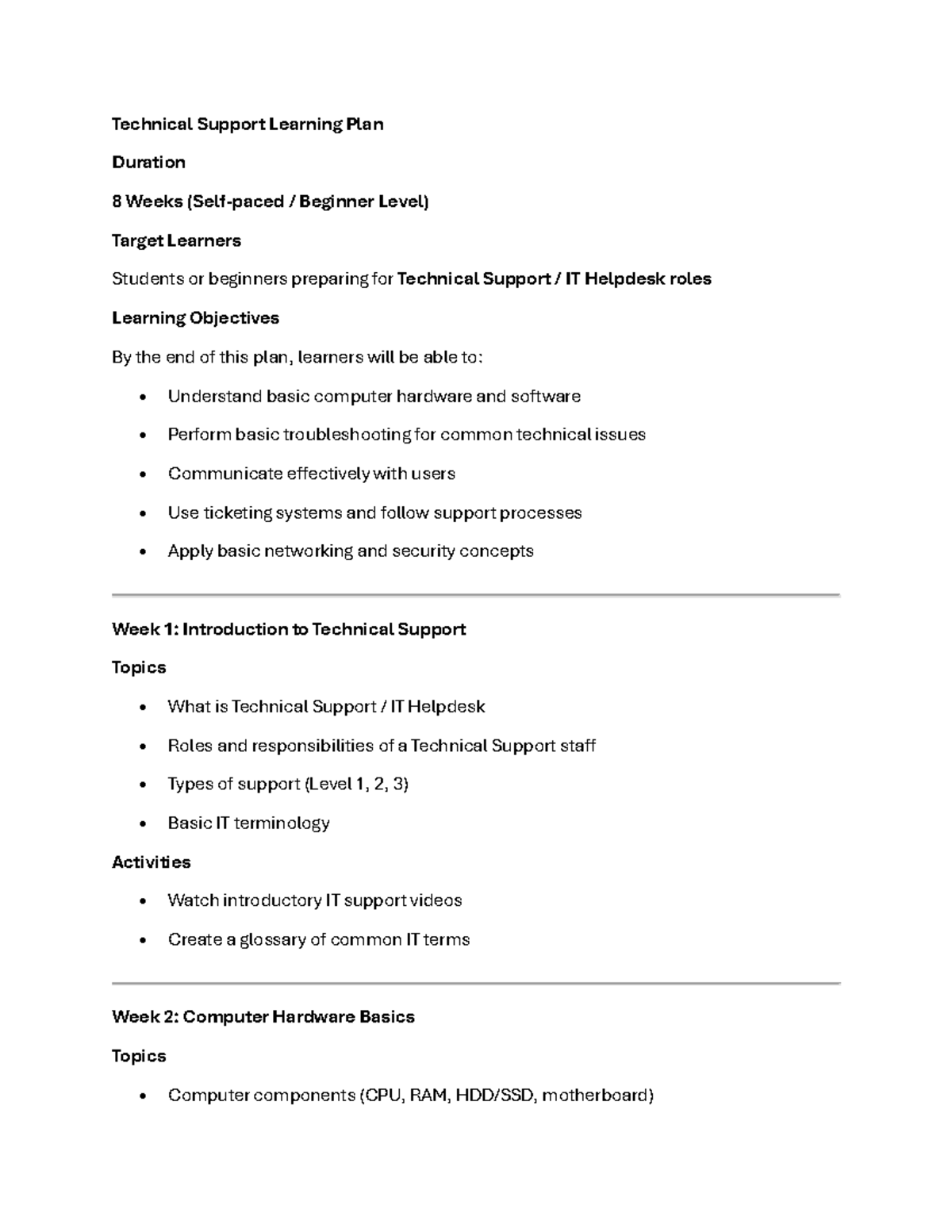 Technical Support Learning Plan (8 Weeks) for Beginners - Studocu