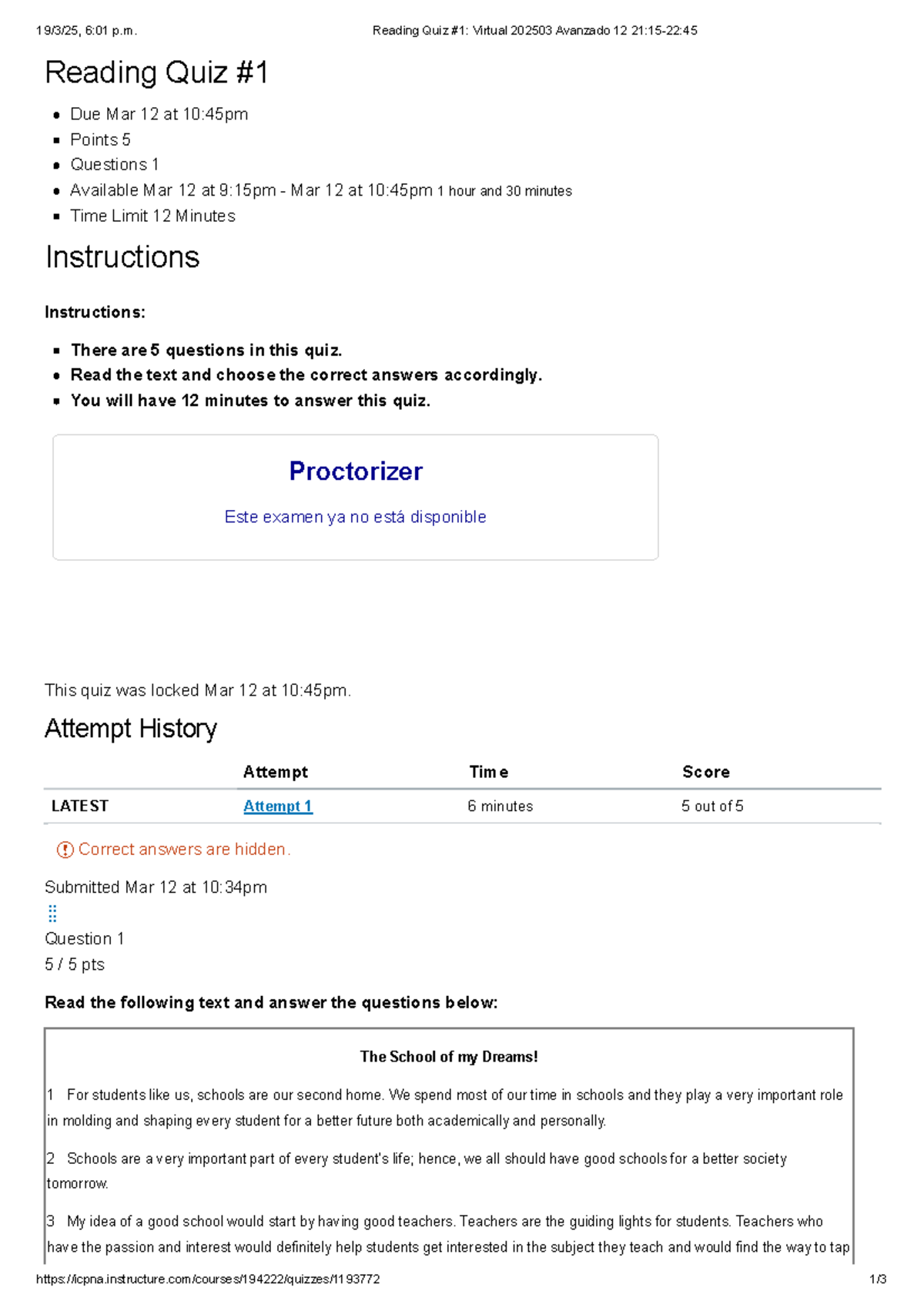 Reading Quiz #1 Avanzado 12 - Reading Quiz Due Mar 12 at 10:45pm Points ...