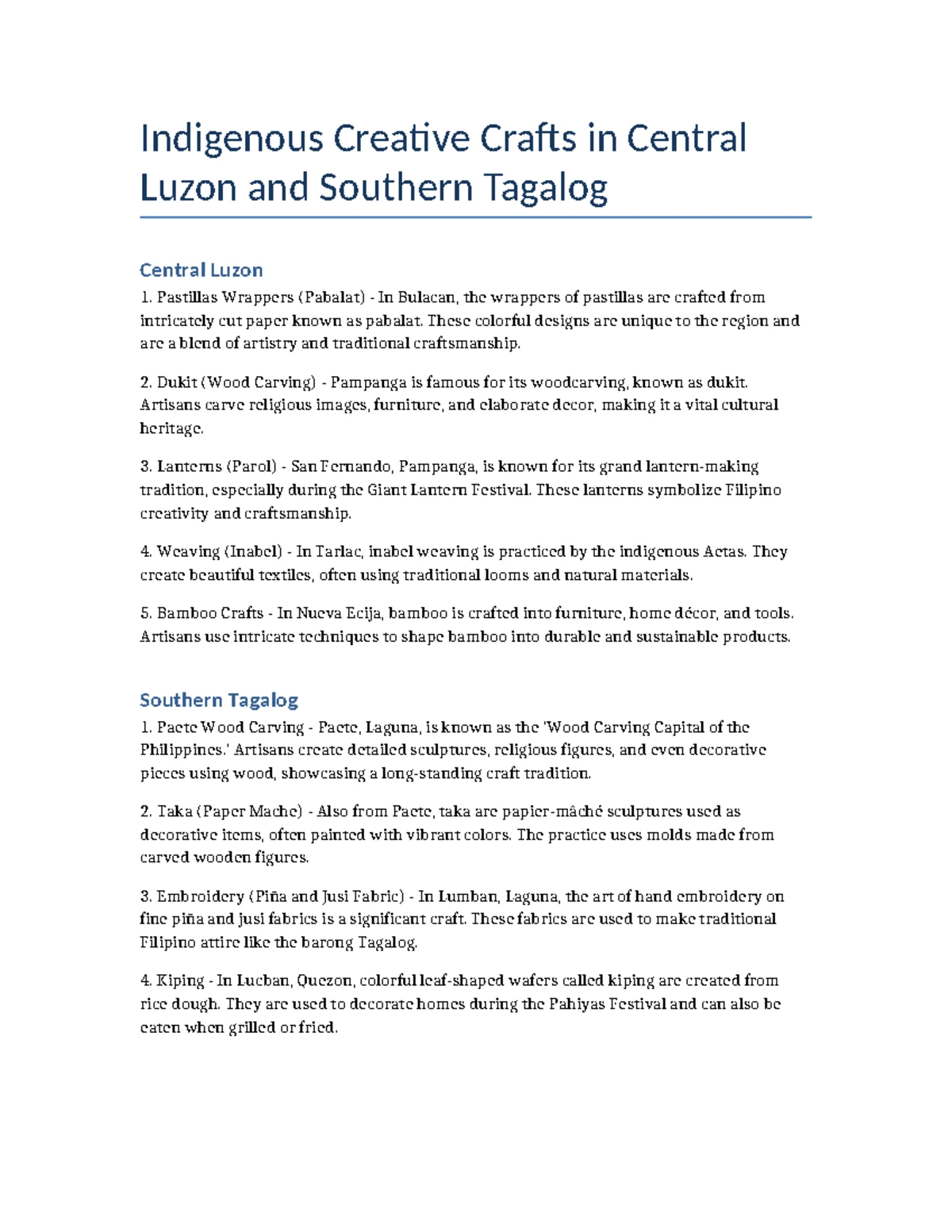 Indigenous Creative Crafts in Central Luzon & Southern Tagalog - Studocu