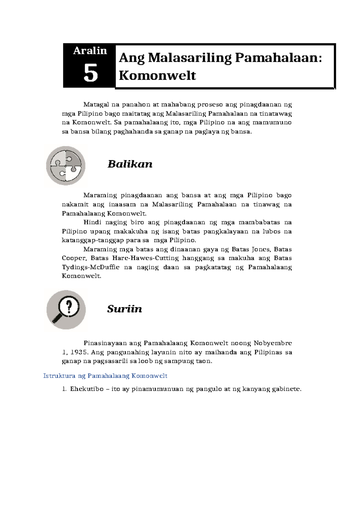 Q2 W5 AP6 LAS: Aralin 5 - Pamahalaang Komonwelt at ang Kasaysayan nito ...