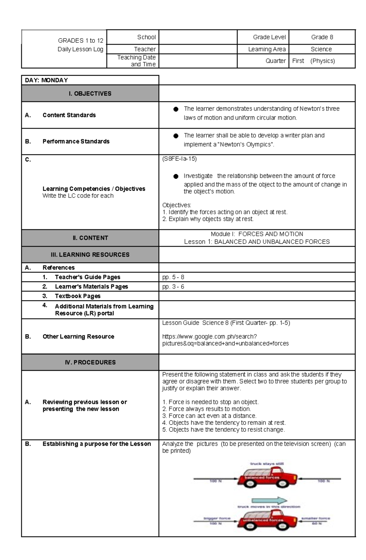 DLL 1st Quarter Grade 8 Science - GRADES 1 to 12 School Grade Level ...