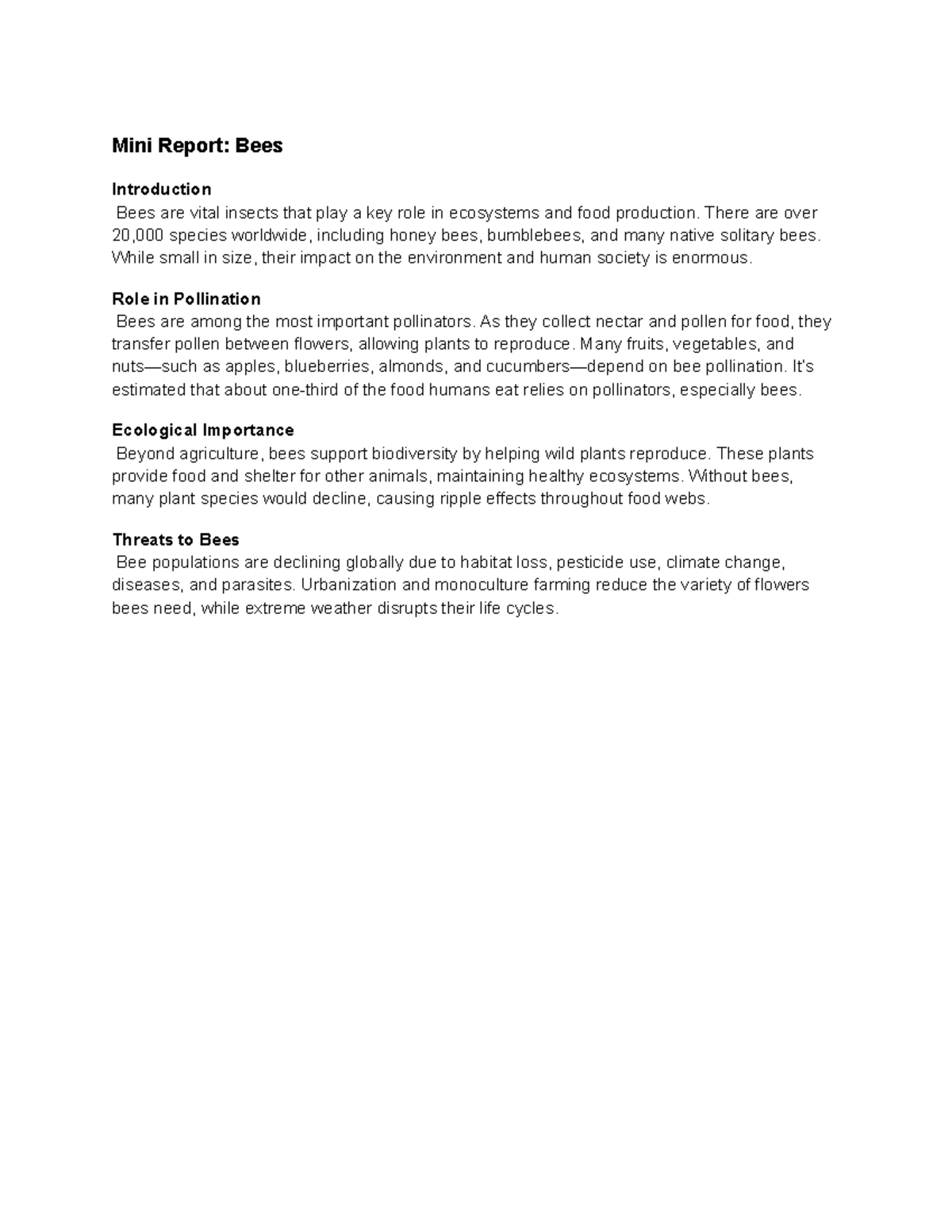Mini Report: The Vital Role of Bees in Ecosystems and Food Production ...
