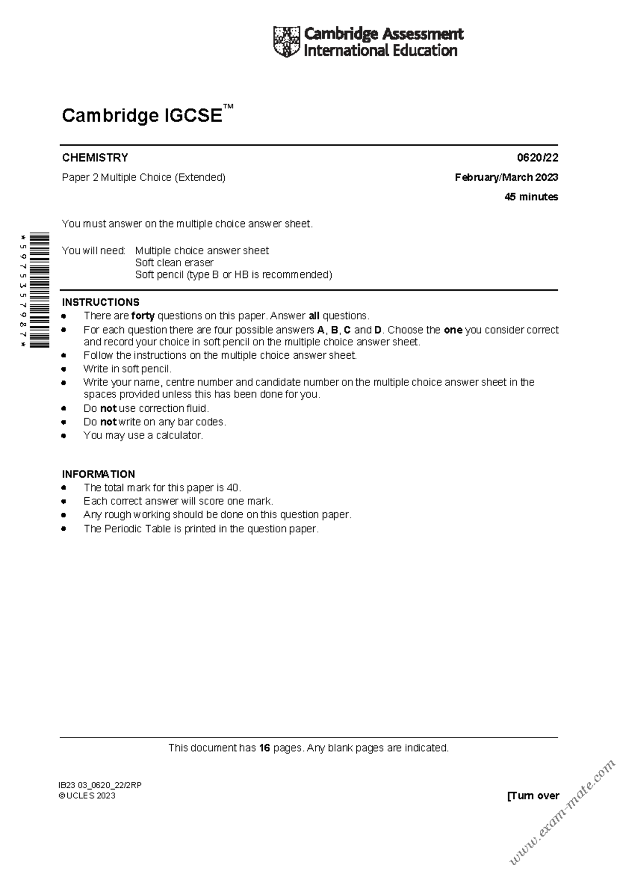Cambridge CHEMISTRY 0620/23 Paper 2 MCQ (Extended) 2023 - Studocu