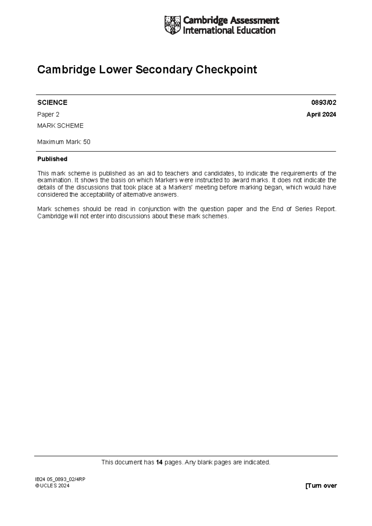 Cambridge Lower Secondary Checkpoint SCIENCE Paper 2 Mark Scheme April ...