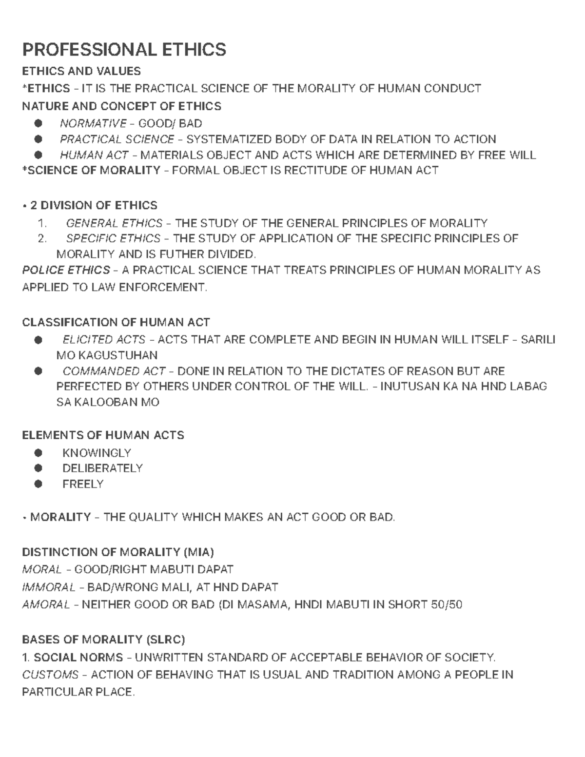 Professional Ethics Reviewer - 1. 2. PROFESSIONAL ETHICS ETHICS AND VALUES *ETHICS - - Studocu