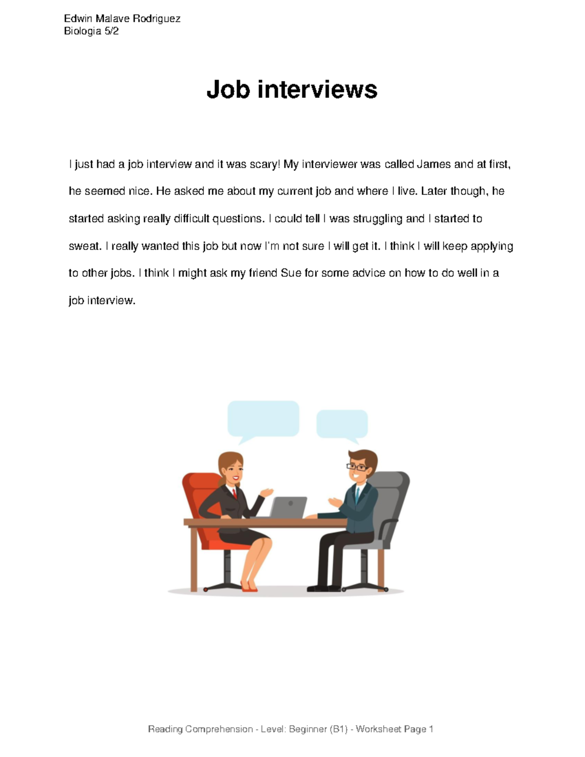 Reading activity Job Interview - Reading Comprehension - Level ...