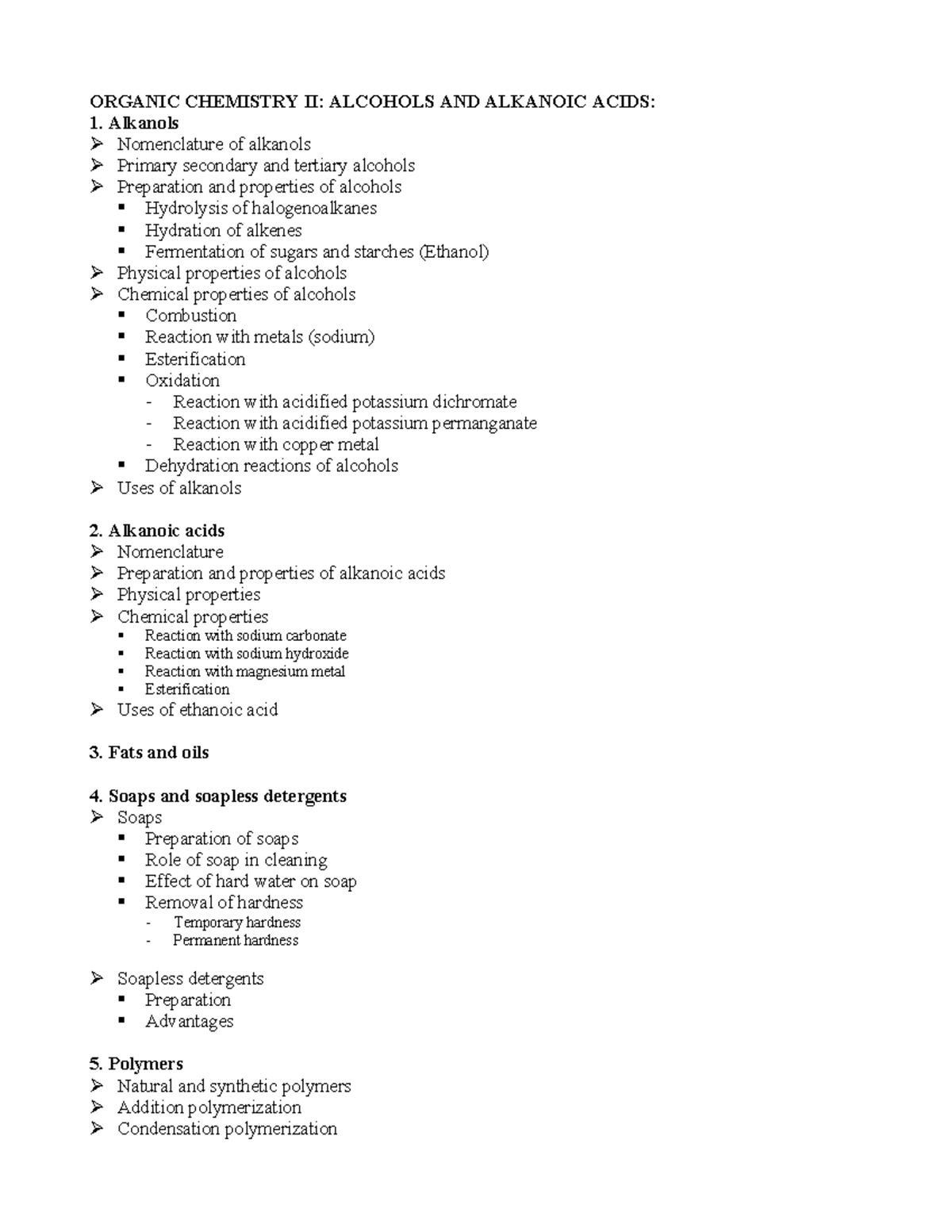 Organic Chemistry II: Alkanols and Alkanoic Acids Overview - Studocu