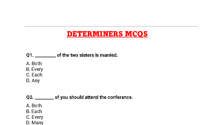 Determiners MCQs for English Language 221213 - Studocu