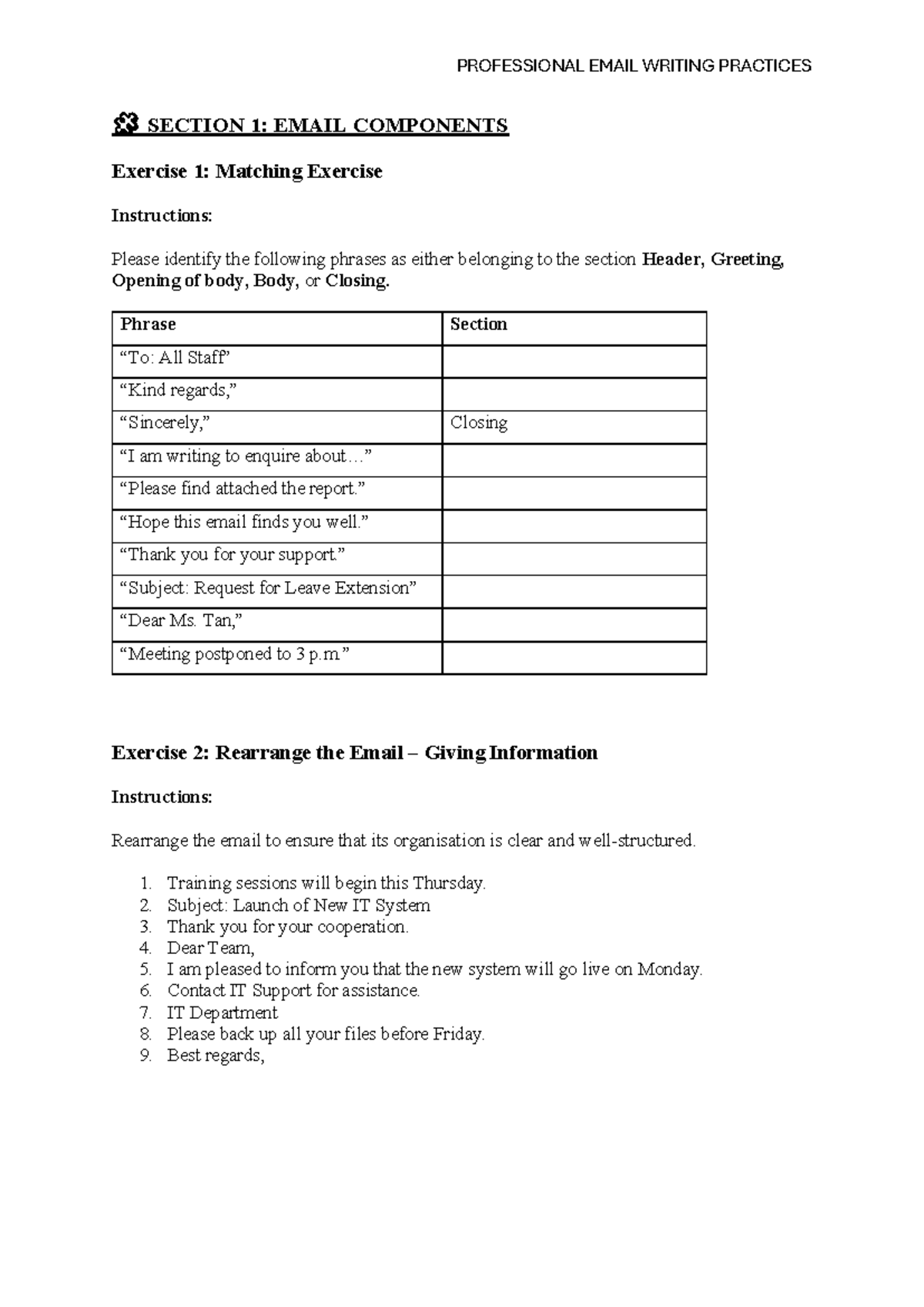Professional Email Writing Practices: Exercises & Corrections - Studocu