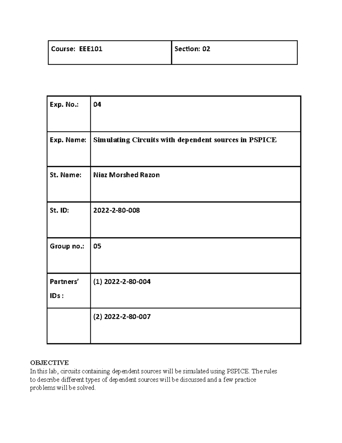 EXP 04 - Simulating Circuits with dependent sources in PSPICE ...