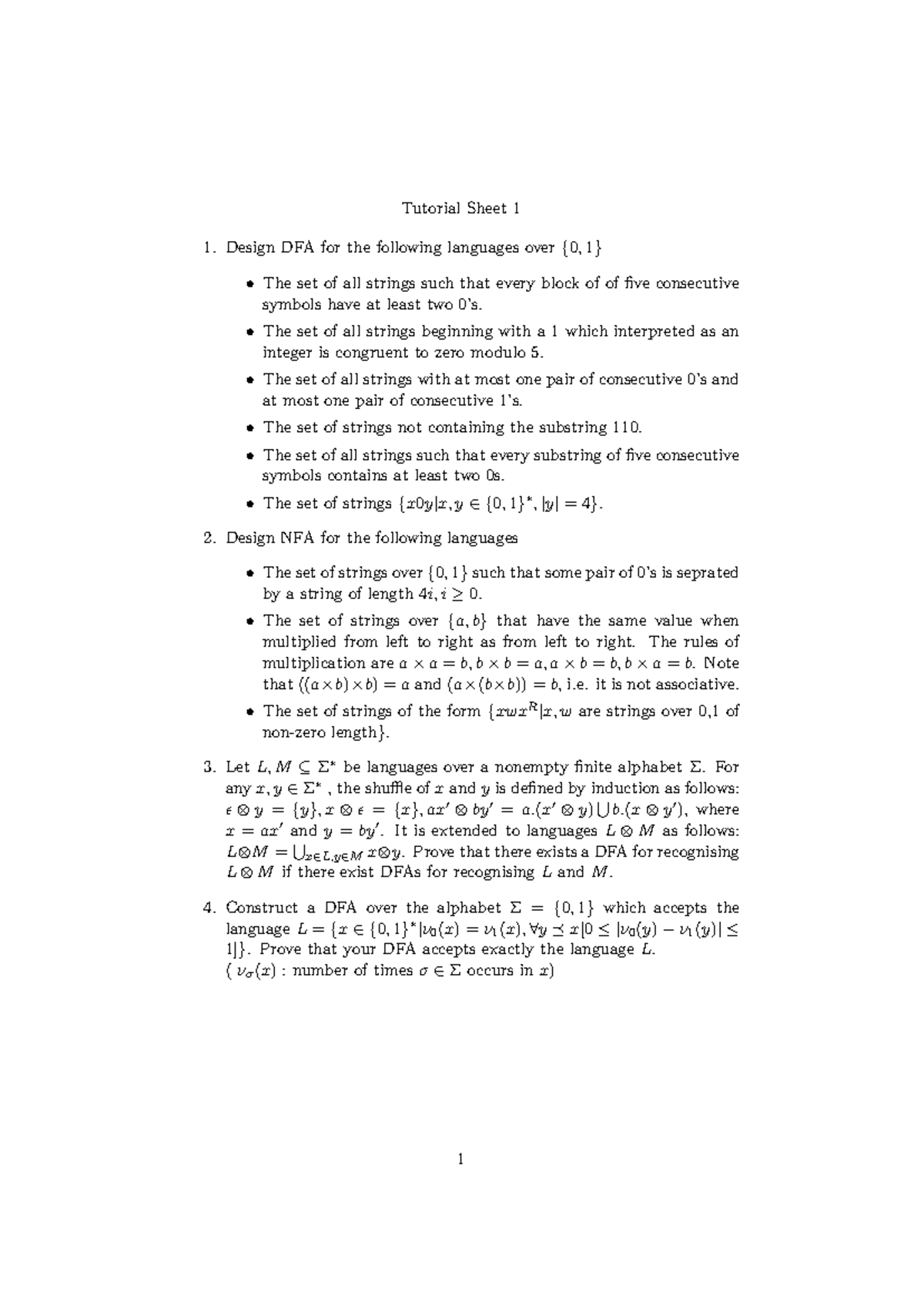 T1 - Tutorial Sheet 1: DFA & NFA Design for Languages over {0, 1} - Studocu