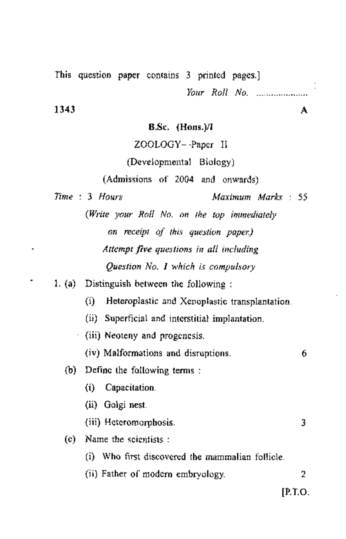 B.Sc. II Zoology Paper II (Developmental Biology) Exam Questions - Studocu