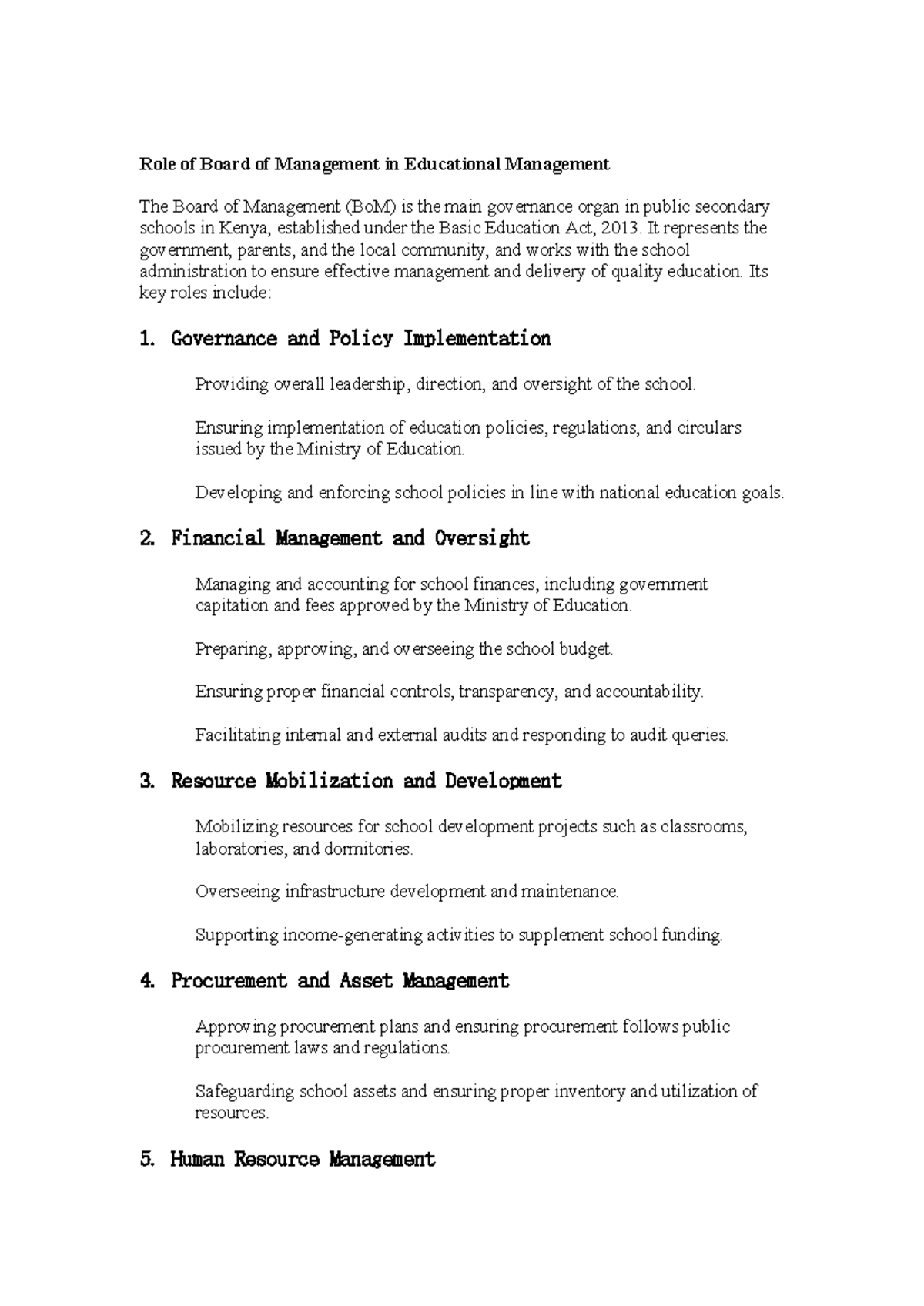Roles of Board of Management in Public Schools (EDU 101) - Studocu