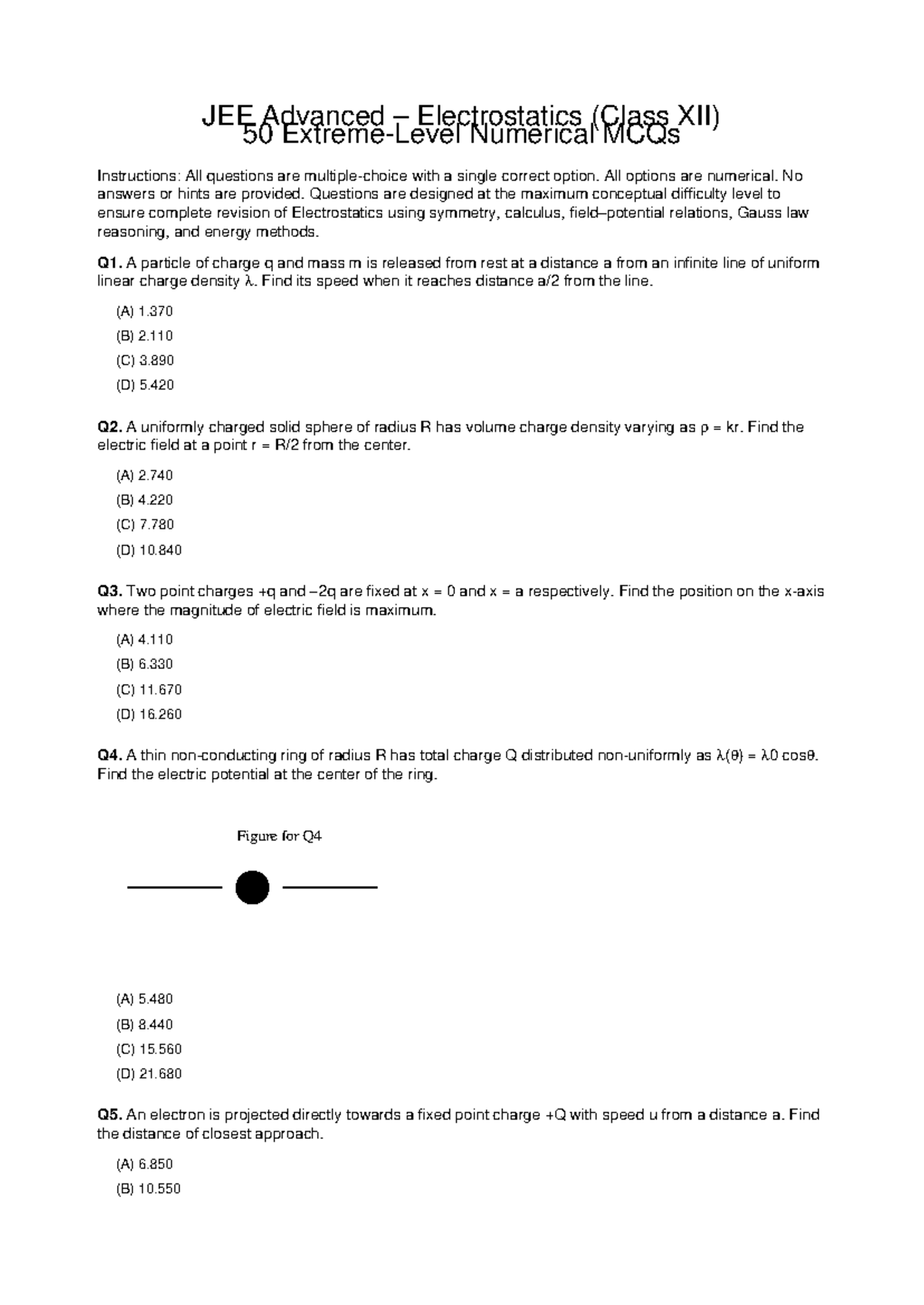 JEE Advanced Electrostatics (Class XII) 50 Challenging MCQs - Studocu