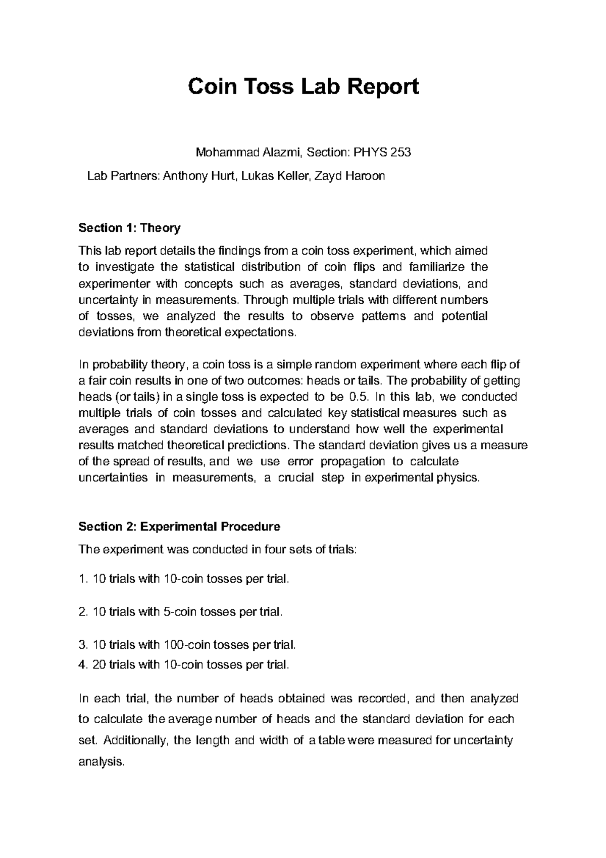 PHYS 253 Coin Toss Lab Report: Statistical Analysis & Findings - Studocu