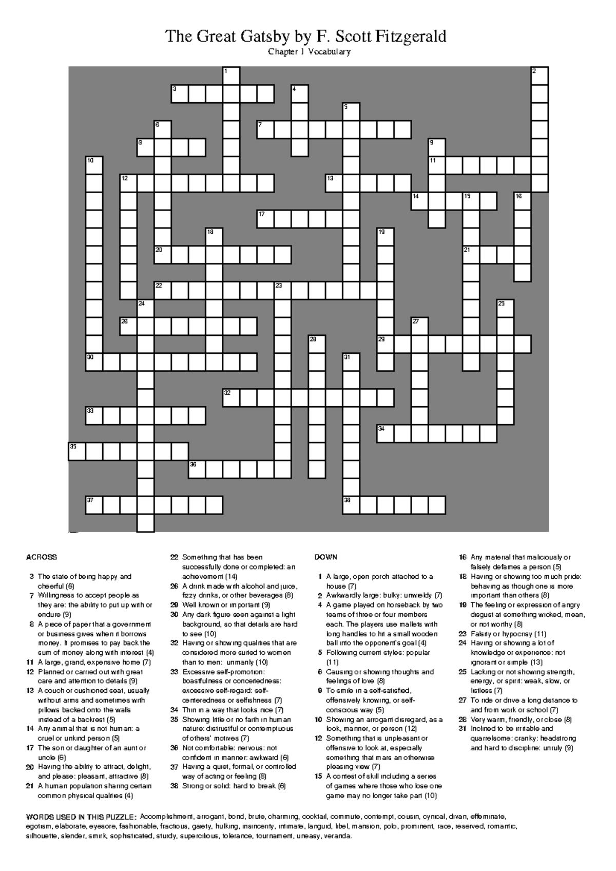 The Great Gatsby CH 1 Vocabulary Crossword Puzzle - Studocu