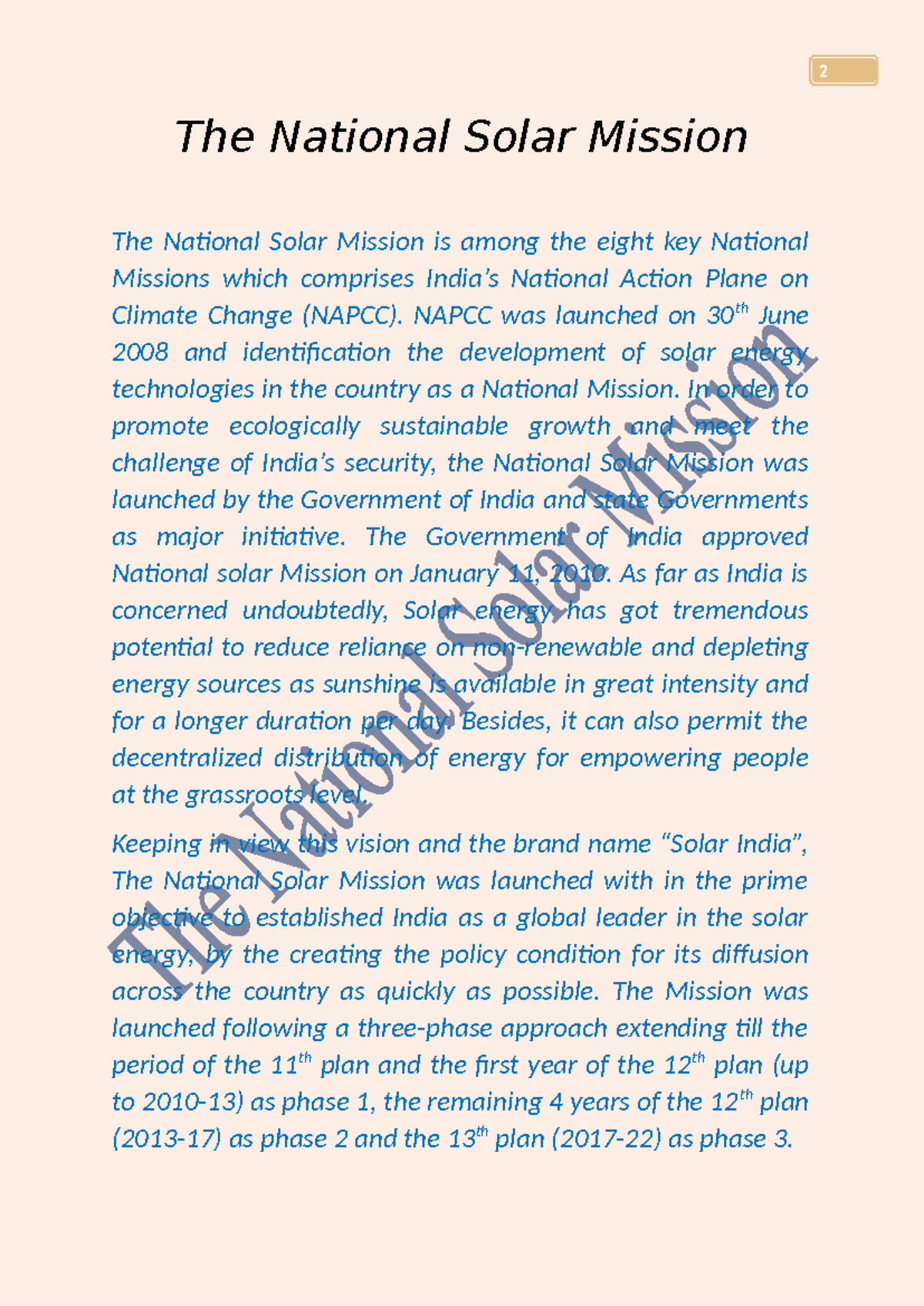 National Solar Mission Overview and Objectives (Course Code: 2) - Studocu