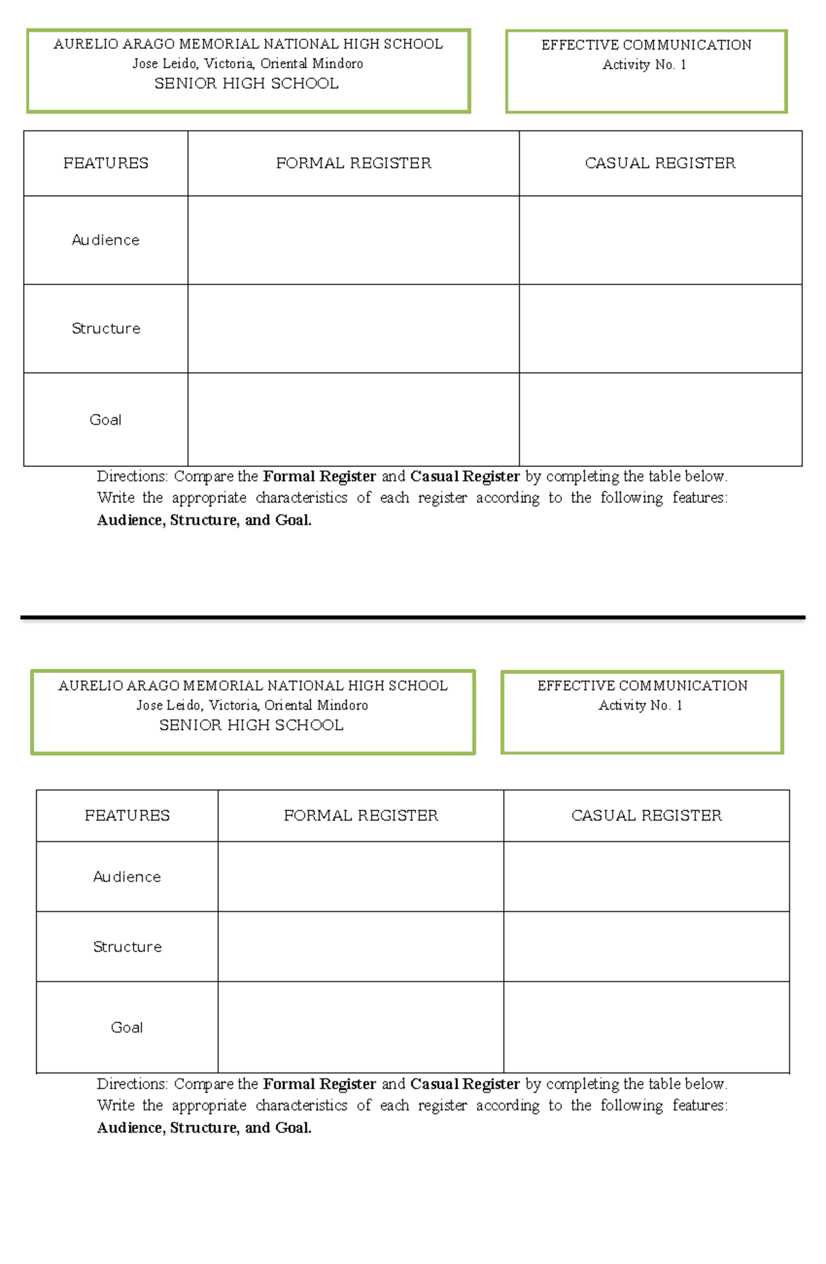 EC- Activity 1: Comparing Formal and Casual Registers - Studocu