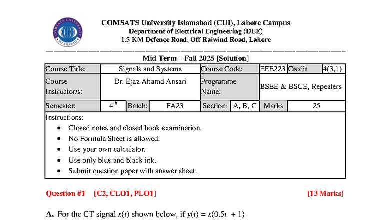 Signals and Systems (CUI) Midterm Solutions - Fall 2025 - Studocu