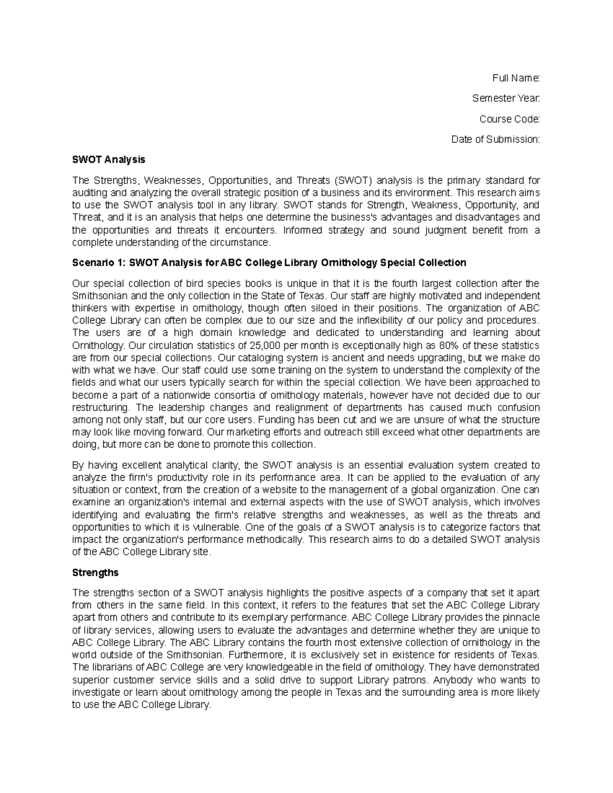 SWOT Analysis of ABC College Library's Ornithology Collection - Studocu
