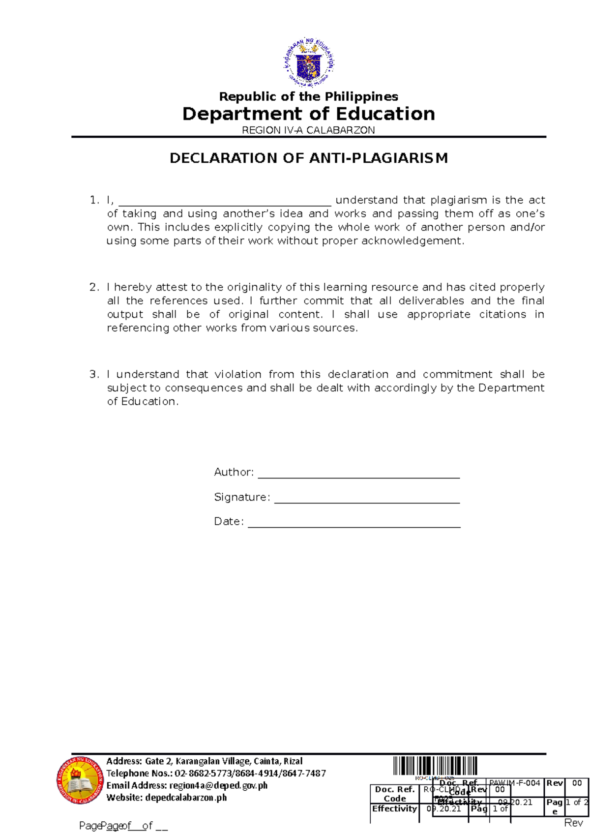 Declaration of Anti Plagiarism - Republic of the Philippines Department ...