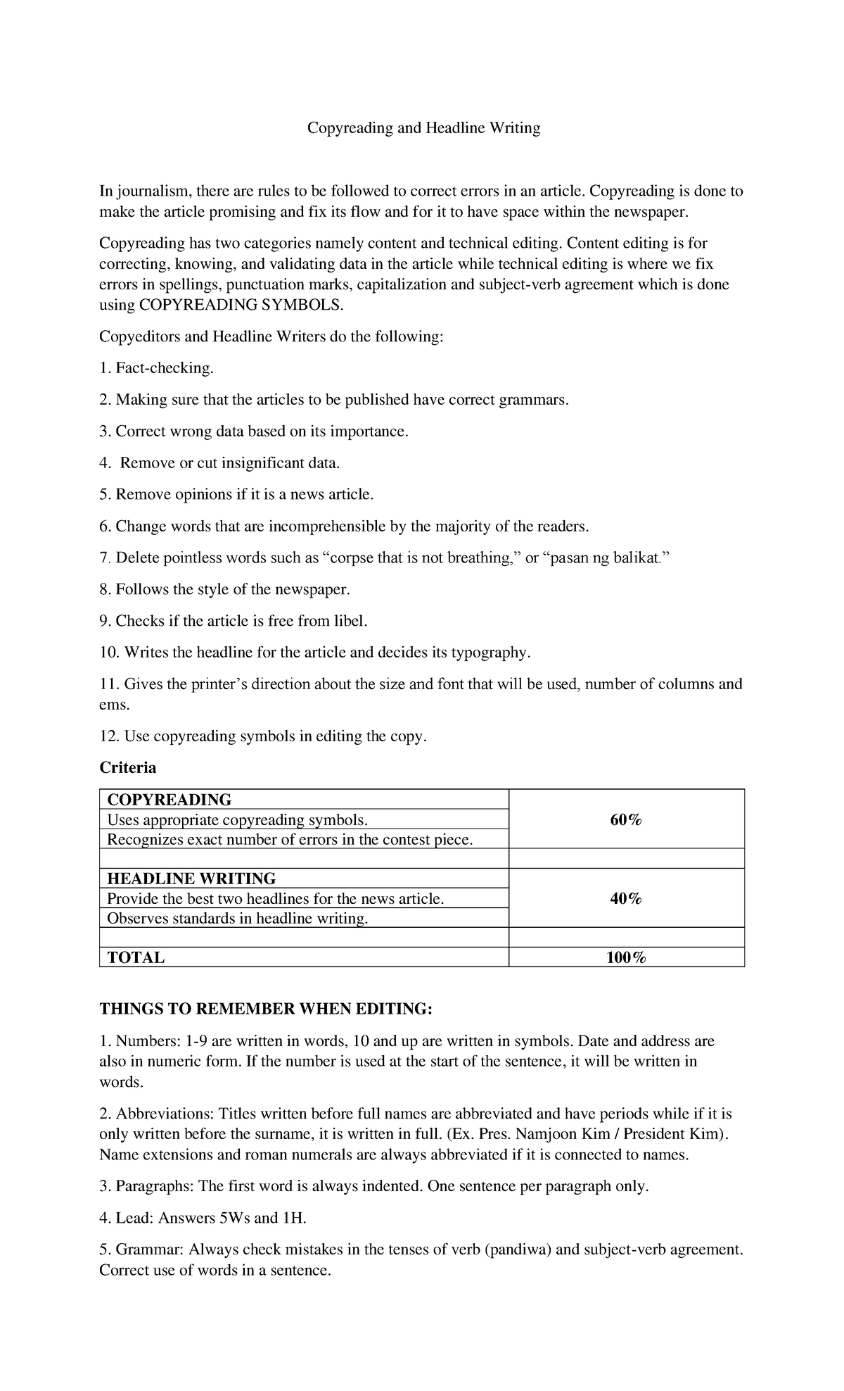 PSPB Lecture: Copyreading & Headline Writing Techniques - Studocu