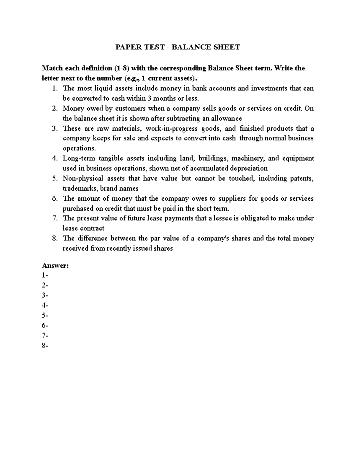 PAPER TEST: Balance Sheet Terms Matching Exercise - Studocu