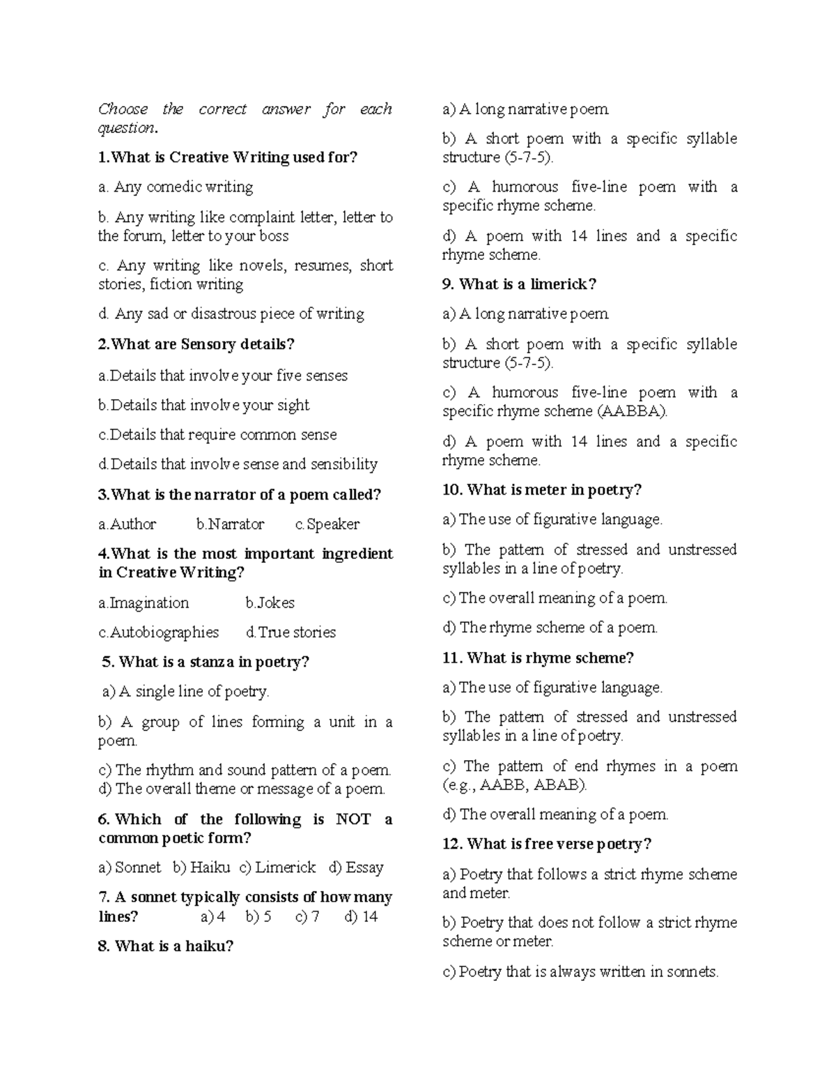 Creative Writing Summative Quiz: Key Concepts and Definitions - Studocu