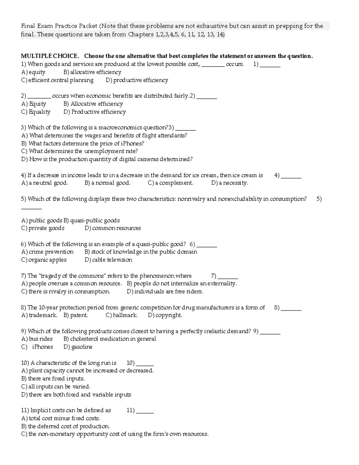 Final Exam Practice Packet for Economics - Studocu