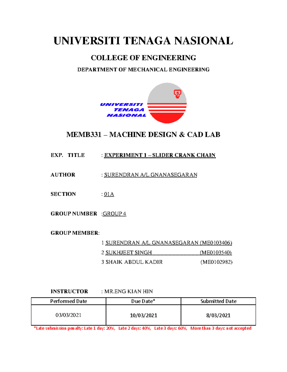 Experiment 1 CAD lab - UNIVERSITI TENAGA NASIONAL COLLEGE OF ...