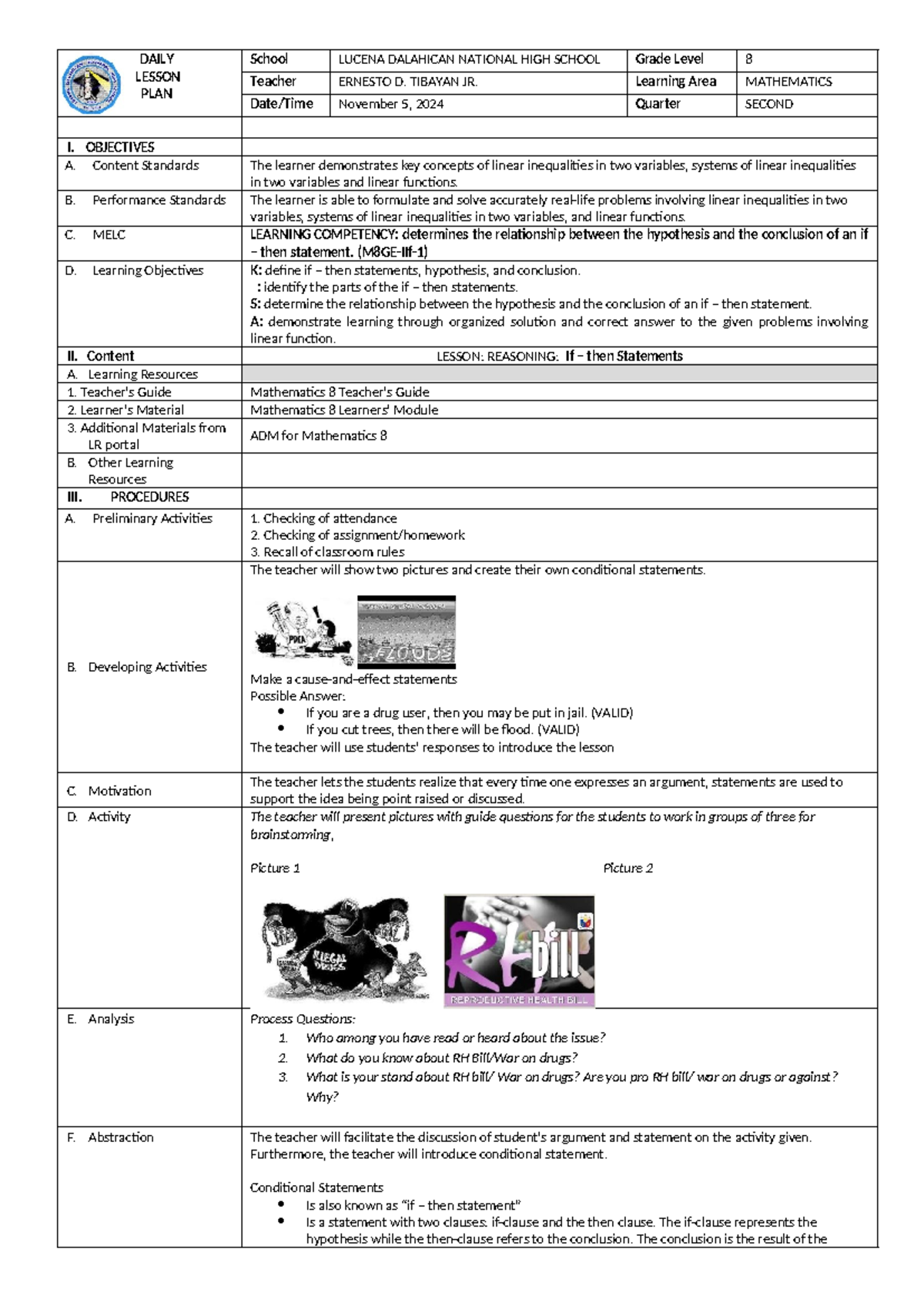 DLP Q2 MELC29 W6 D1 Reasoning & If-Then Statements in Math 8 - Studocu