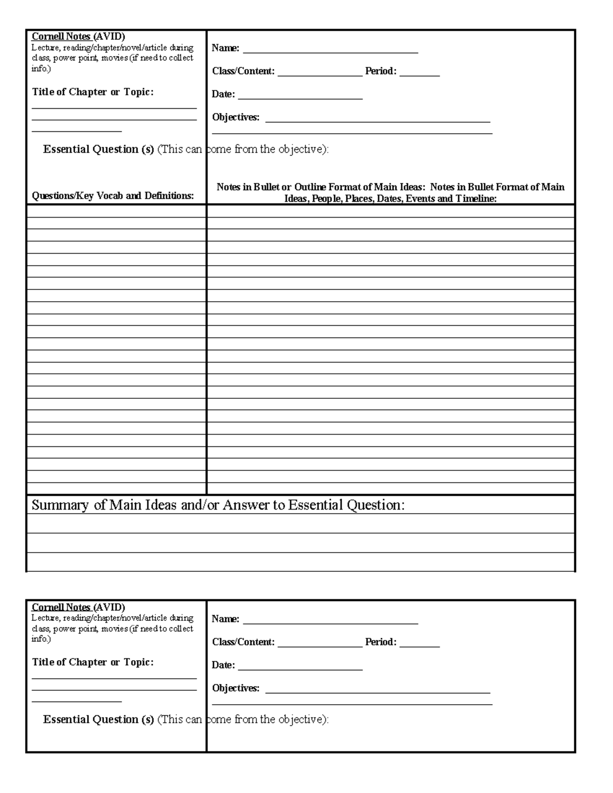 AVID Cornell Notes Template for Lecture or Reading Activities - Studocu