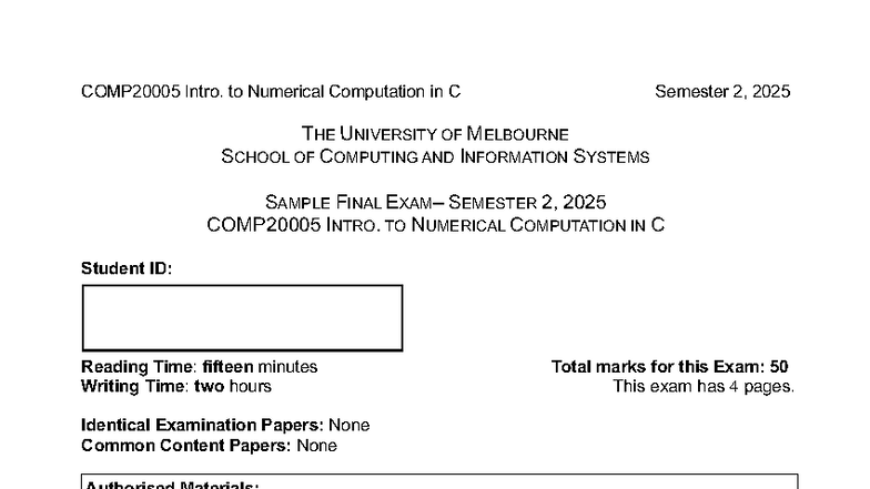 Sample Final Exam: Intro. to Numerical Computation in C (Semester 2 ...