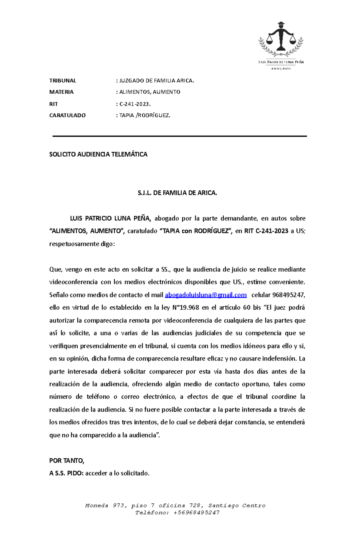 Solicitud de Audiencia Telemática - RIT C-241-2023 - Juzgado de Familia - Studocu