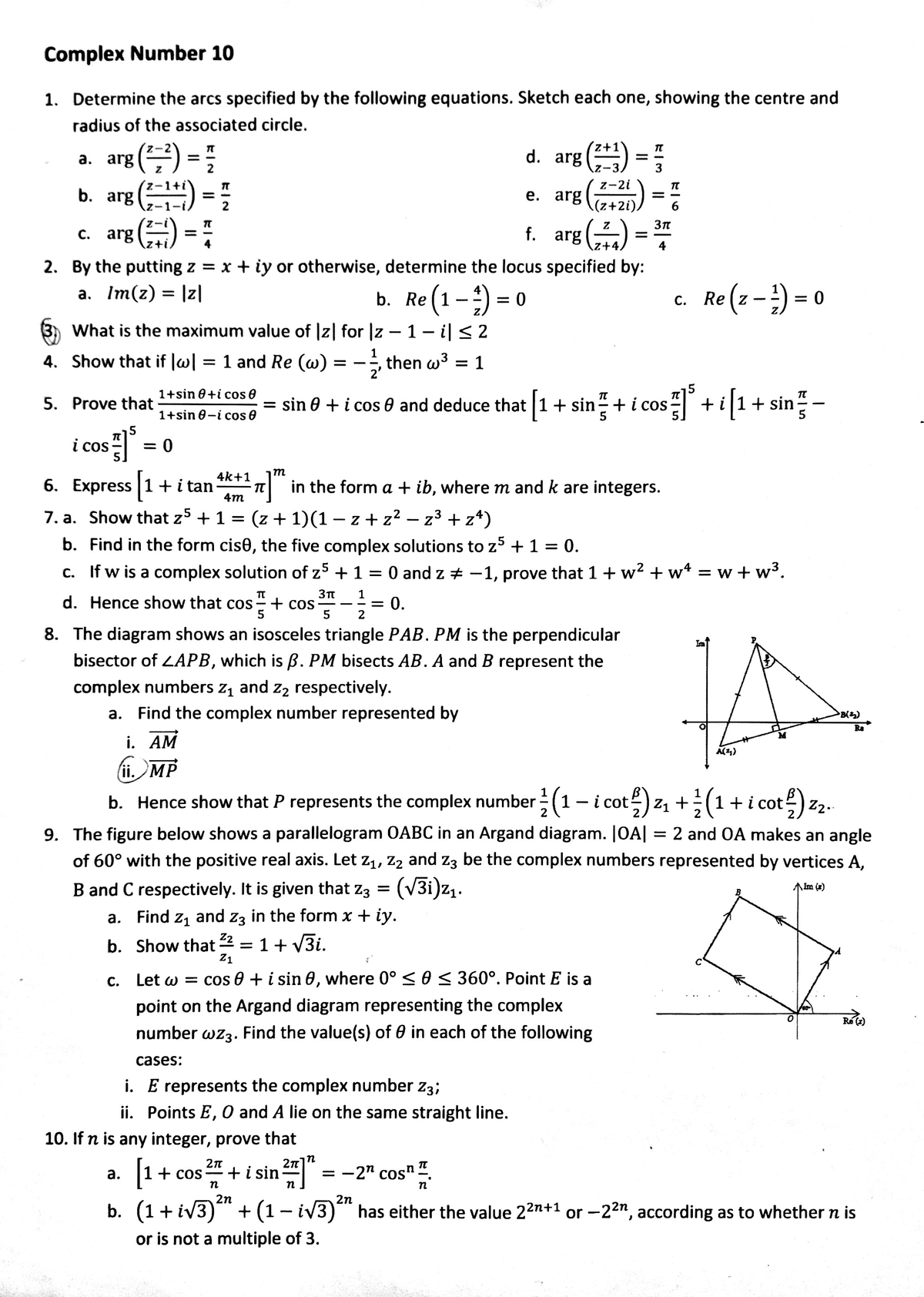 Complex Number Worksheet - 10: Arcs, Loci, and Proofs - Studocu
