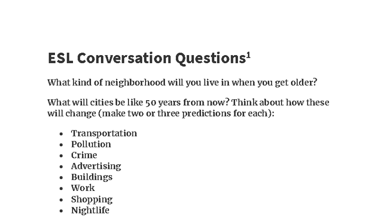 ESL Conversation Questions: Future Predictions and Life Changes - Studocu