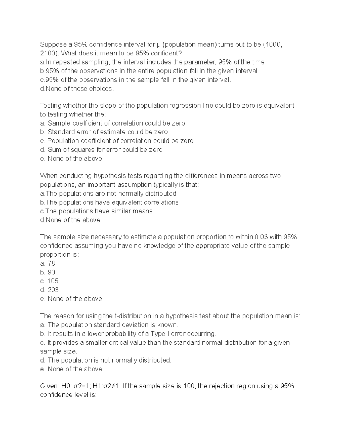 Statistics 101: Exam MC Questions on Confidence Intervals and ...