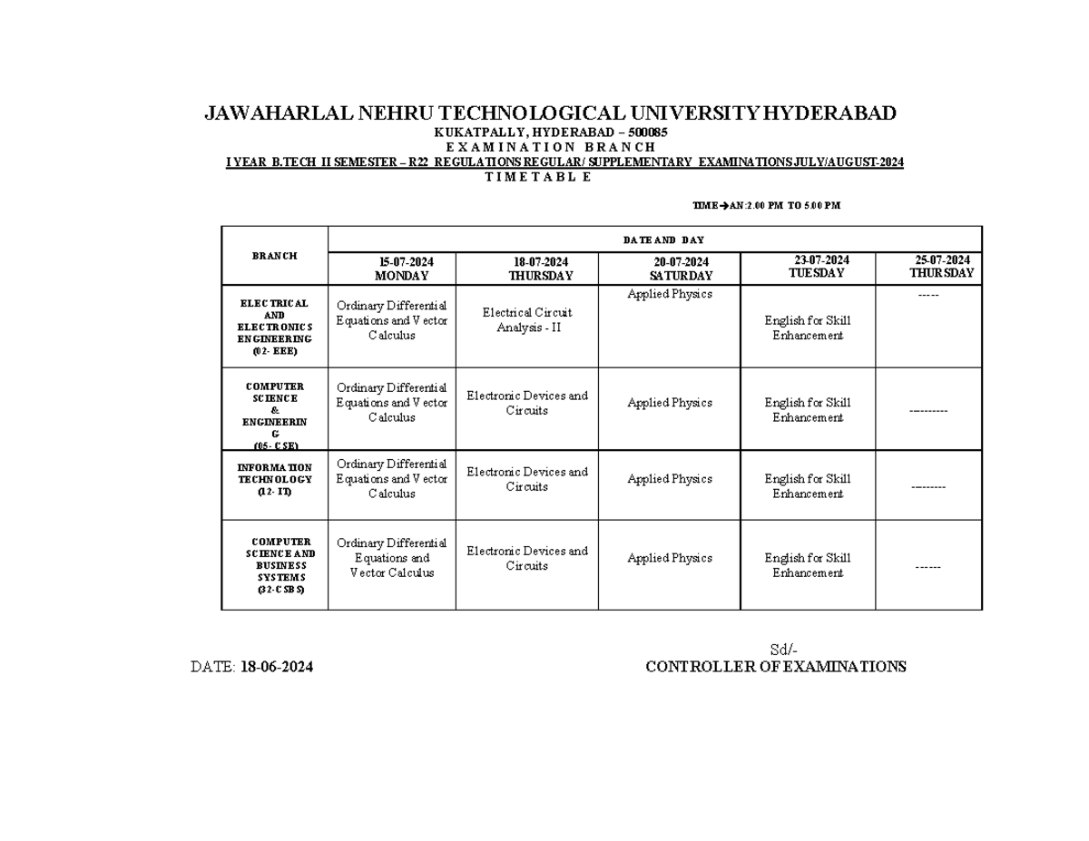 B.Tech II Sem R22 Supplementary Exam Timetable - Studocu