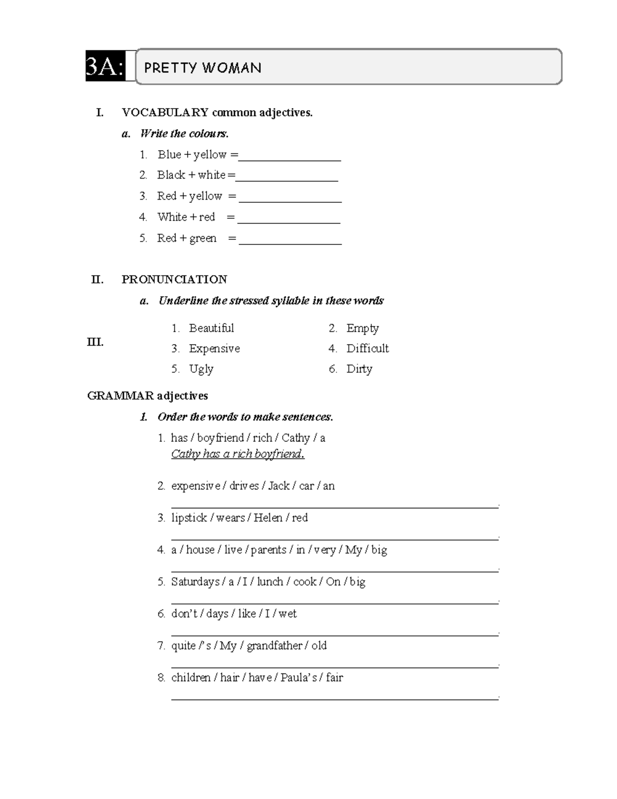 3A - Common Adjectives & Grammar Practice - Studocu