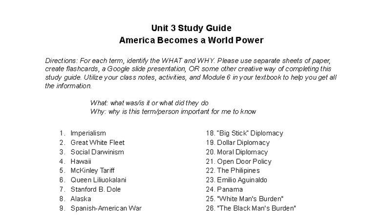 Unit 3 Study Guide: America Becomes a World Power (Exam Prep) - Studocu