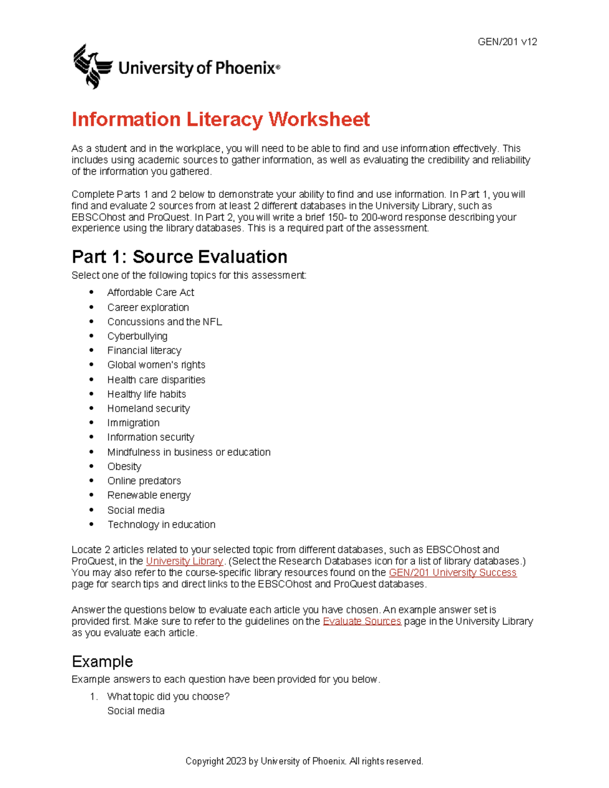 GEN/201 v - Week 4 - Information Literacy Worksheet Assessment - Studocu