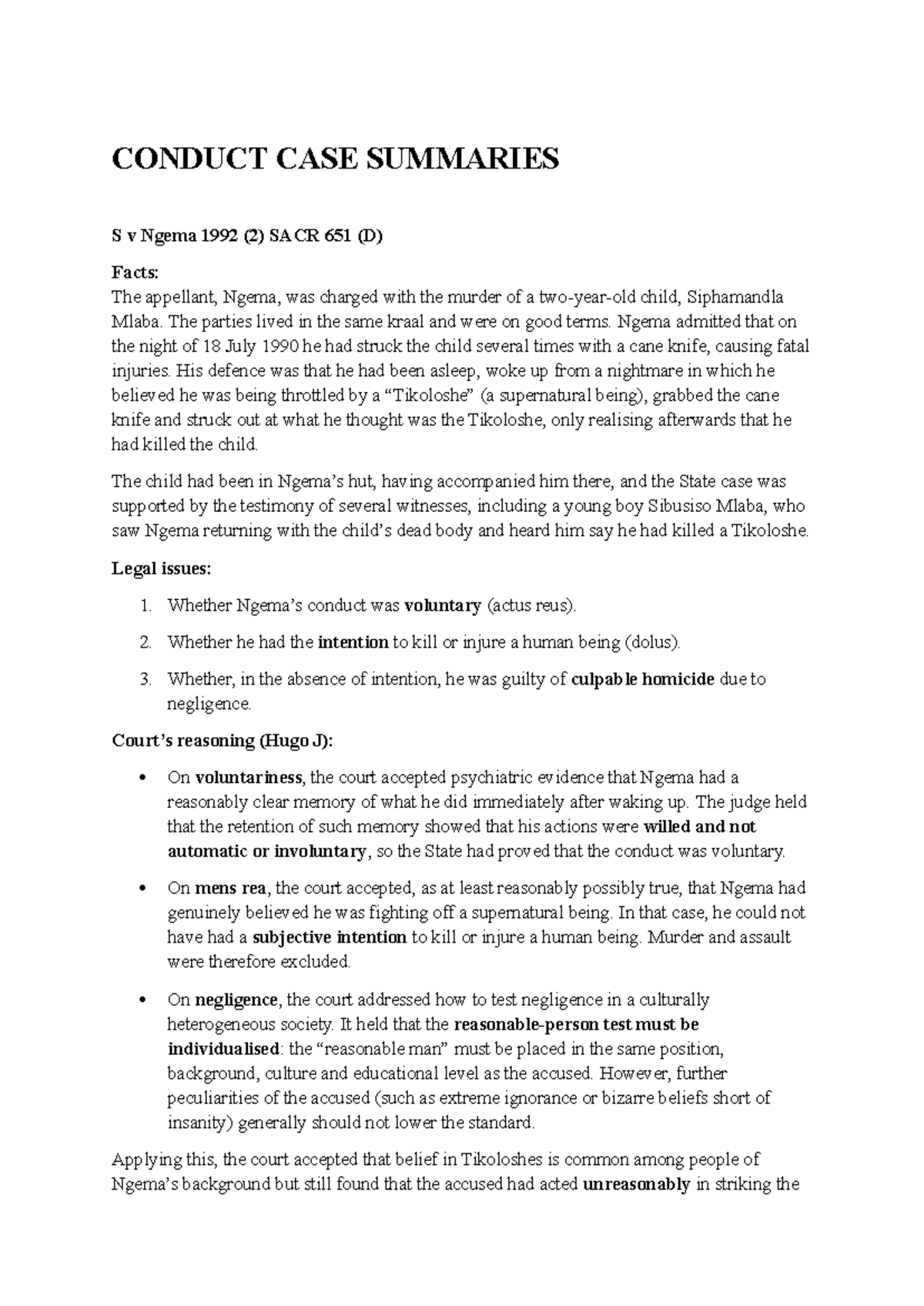 Conduct Case Summaries: S v Ngema, R v Dhlamini, R v Mkize - Studocu