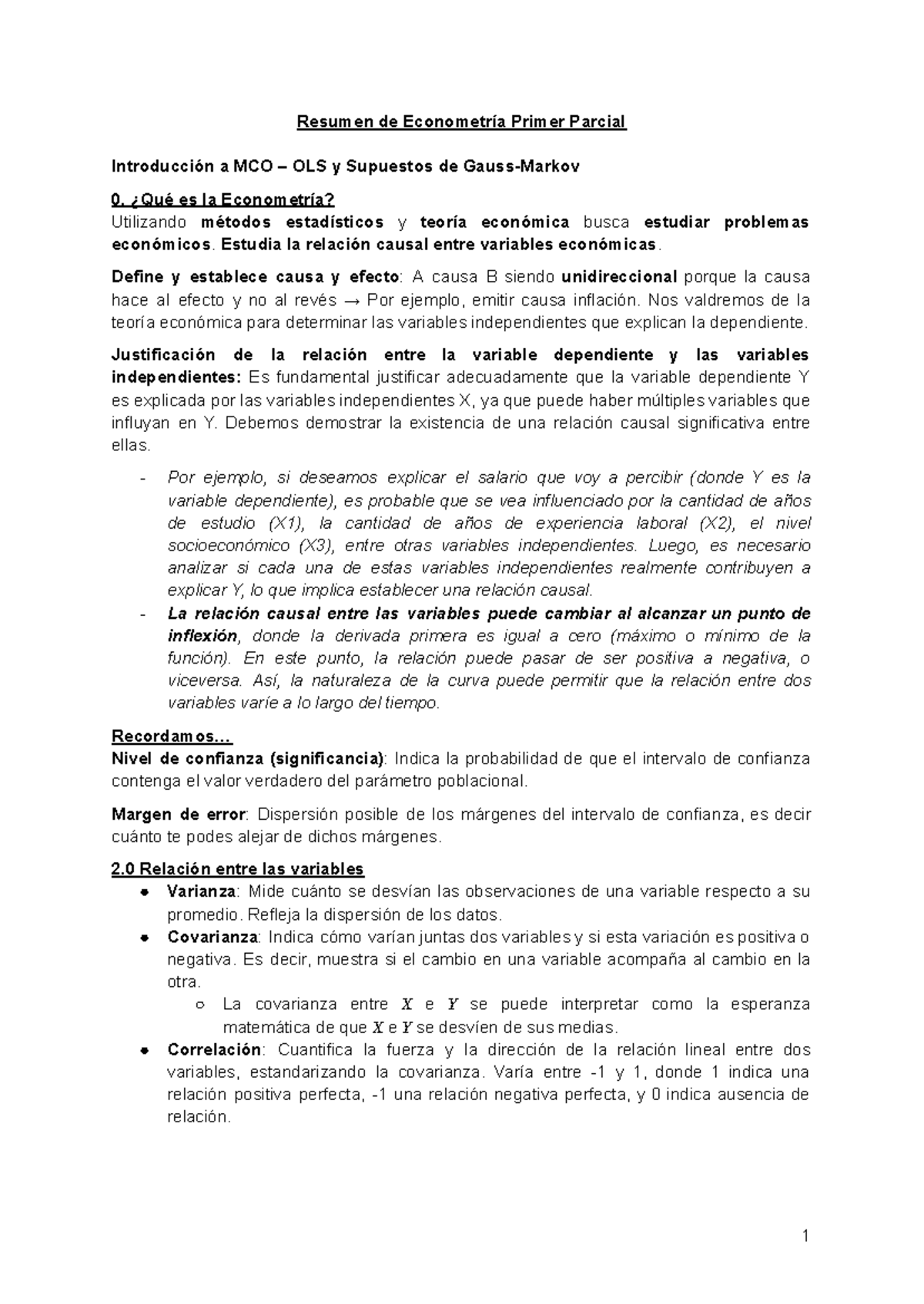 Resumen de Econometría: Primer Parcial sobre MCO y Supuestos OLS - Studocu