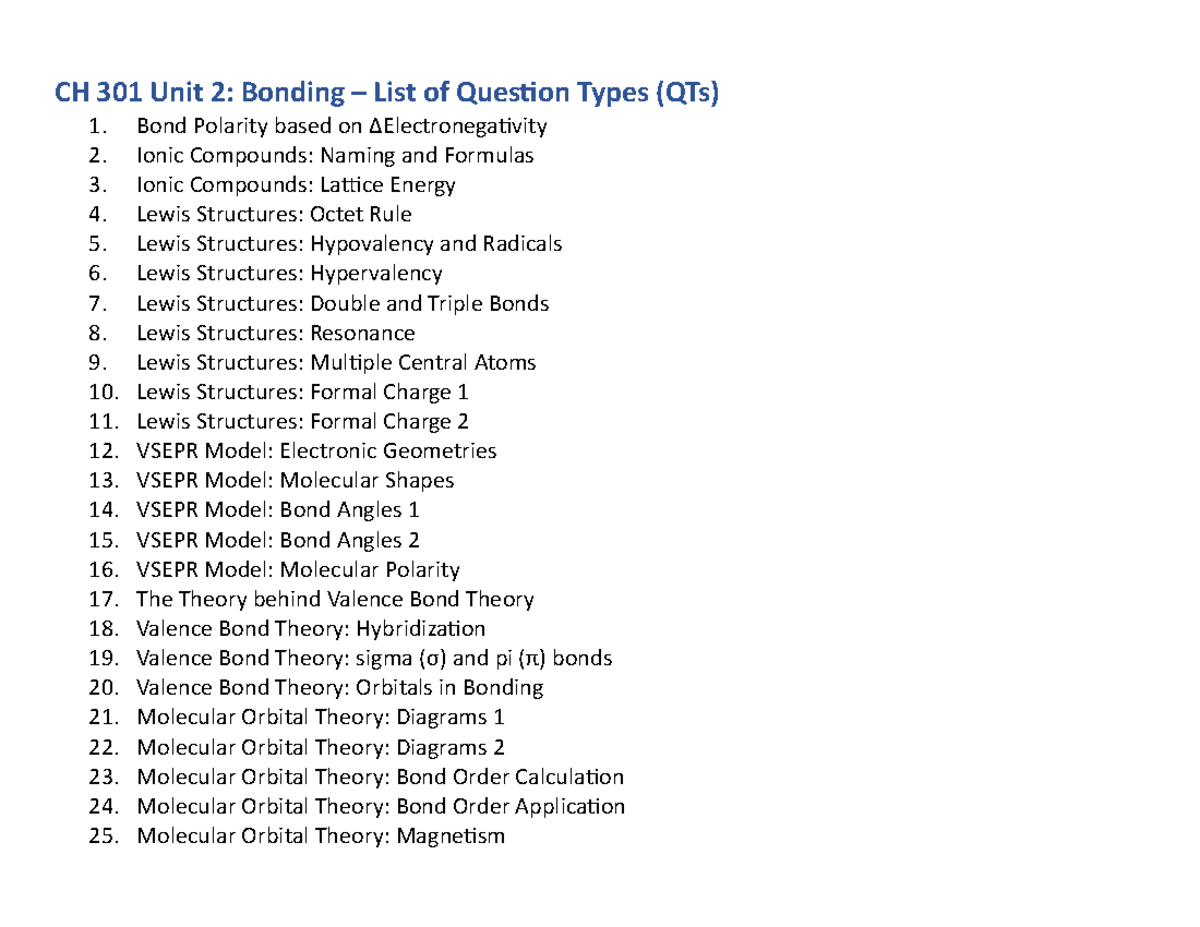 CH 301 Unit 2: Comprehensive Review of Bonding Concepts & Practice Exam - Studocu