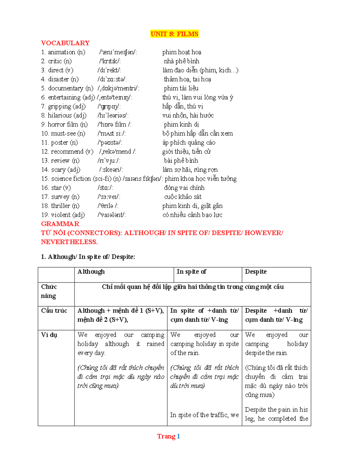 UNIT 8: FILMS - VOCABULARY & GRAMMAR NOTES - Studocu