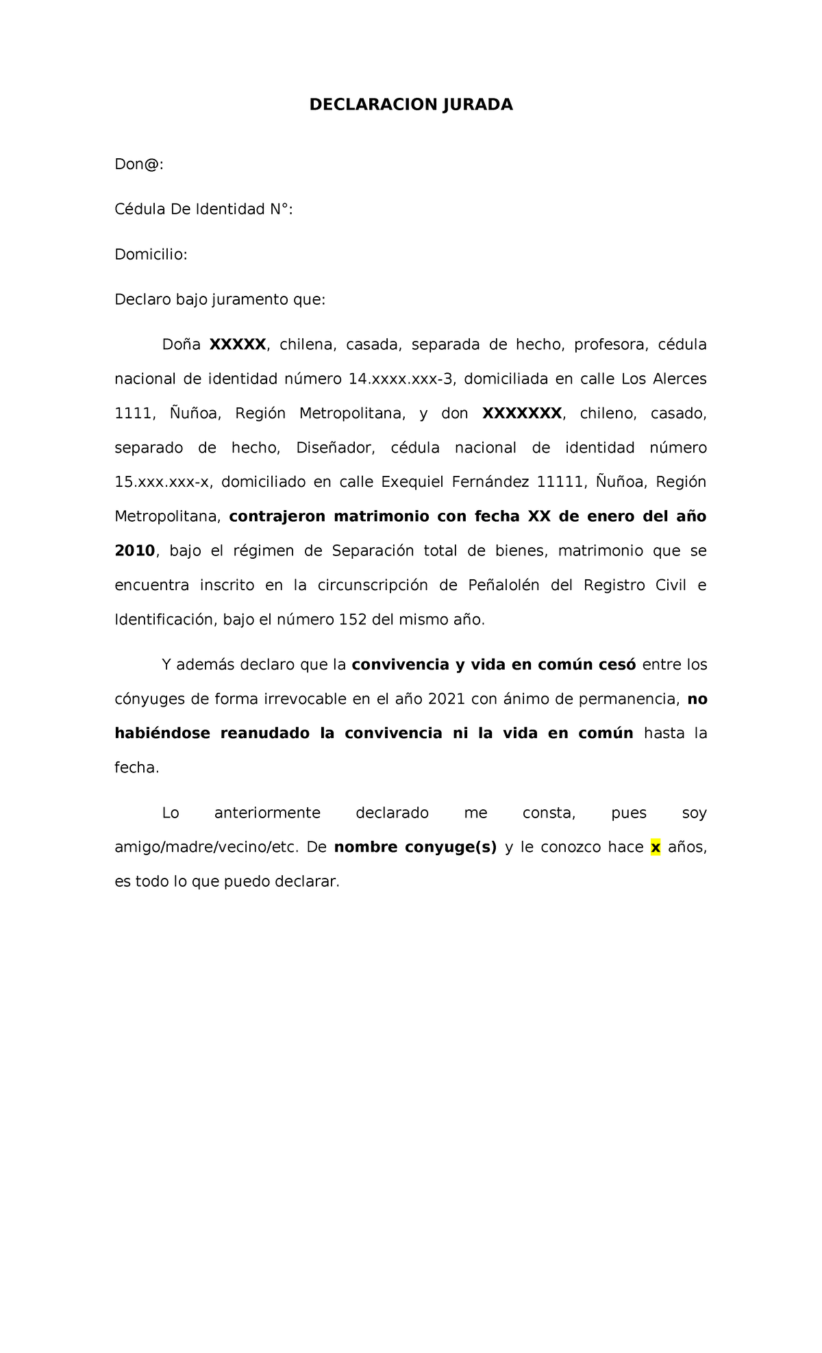 Modelo de Declaración Jurada de Testigo para Divorcio - Studocu