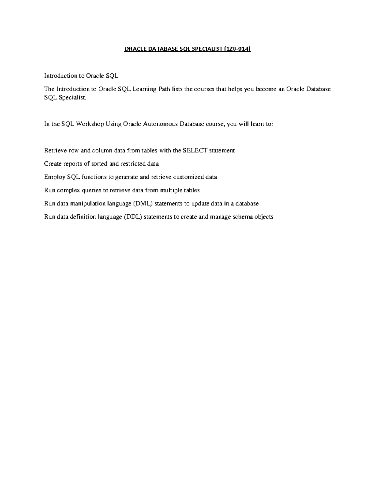 Oracle Database SQL Specialist Syllabus Overview - Studocu