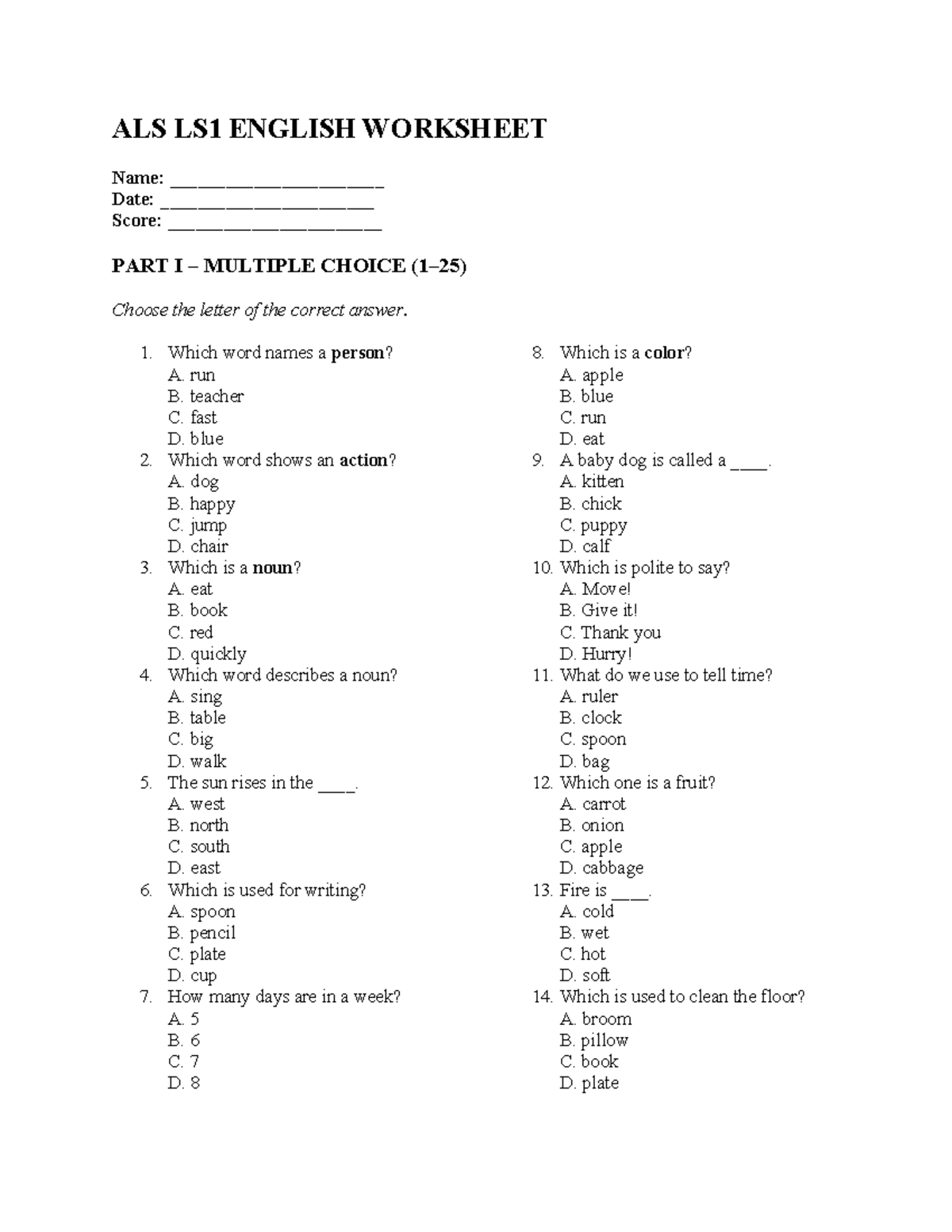 ALS LS1 ENGLISH WORKSHEET: Parts of Speech Quiz - Studocu