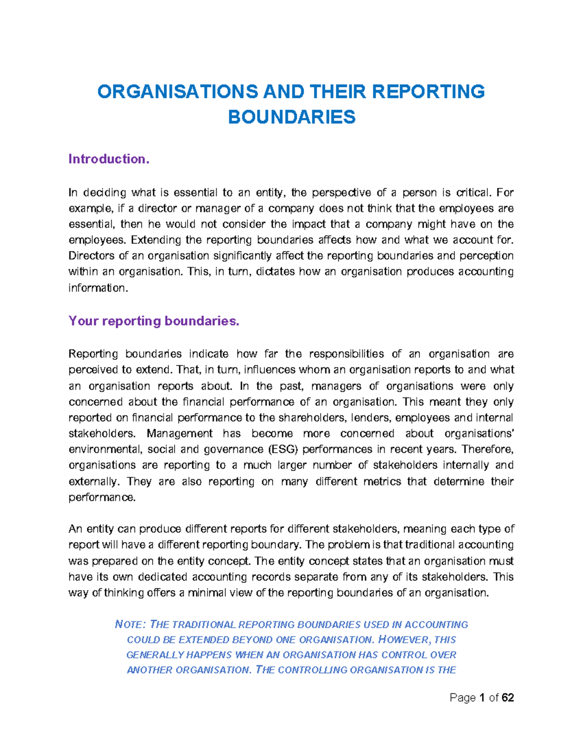 Organisations and Their Reporting Boundaries: Class Notes (RRP100 ...