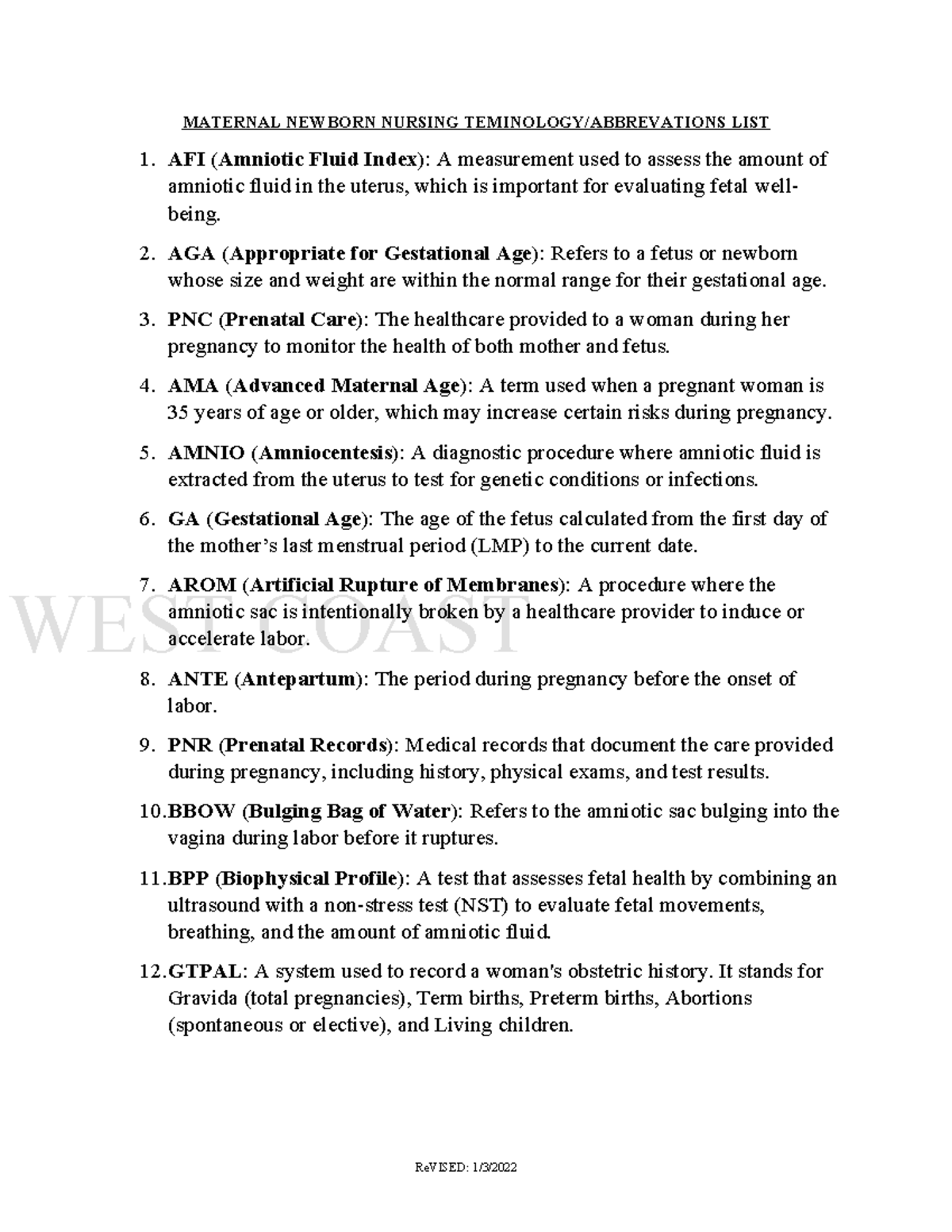 NURSING NOTES: Maternal-Newborn Care Terms & Definitions (Course Code ...